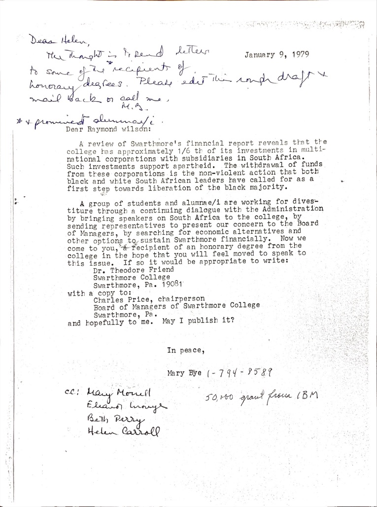 Letter from Mary Bye to Raymond Wilson (1979) – Divestment Documents
